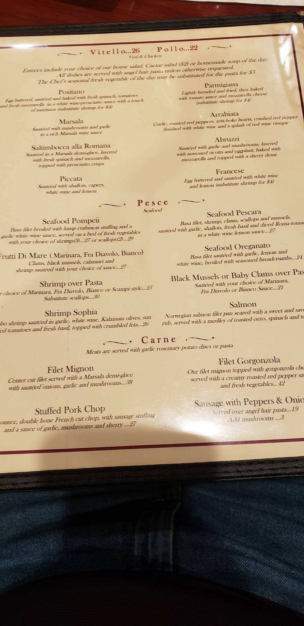 Menu at Positano's Ristorante restaurant, Palm Harbor