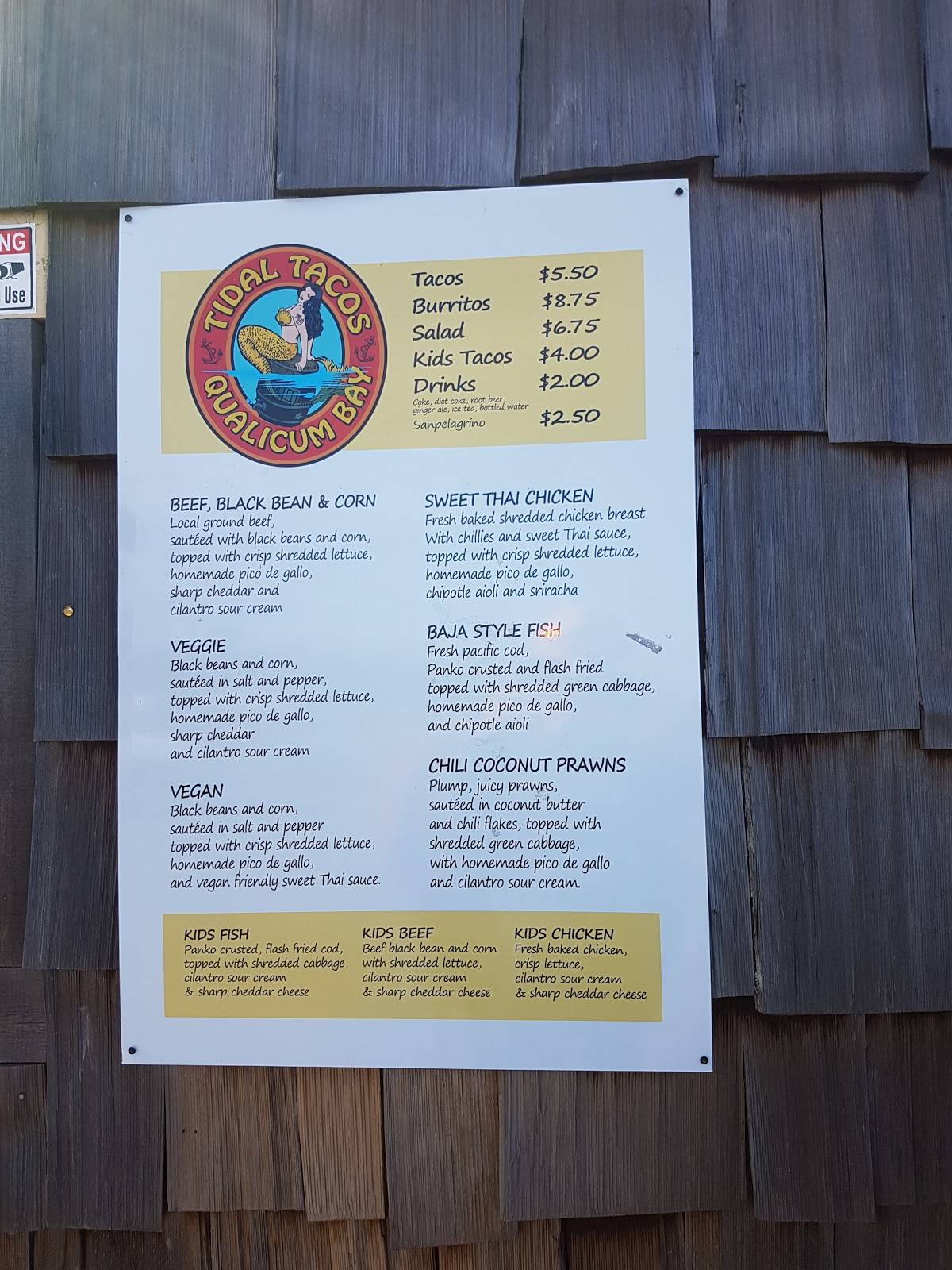Menu at Fanny Bay Tidal Tacos restaurant, Qualicum Bay