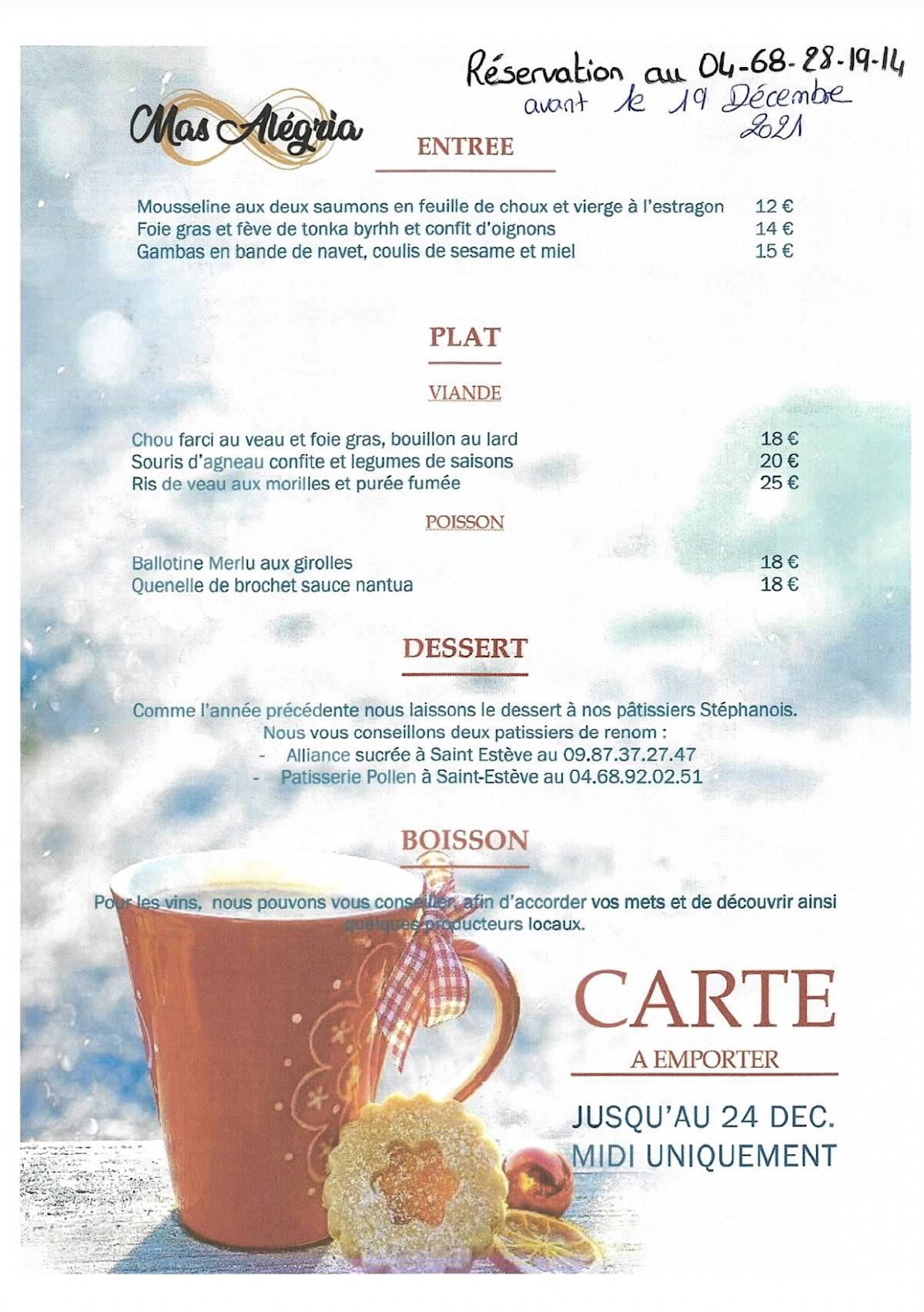 Menu au Restaurant Mas Alégria, Saint-Estève