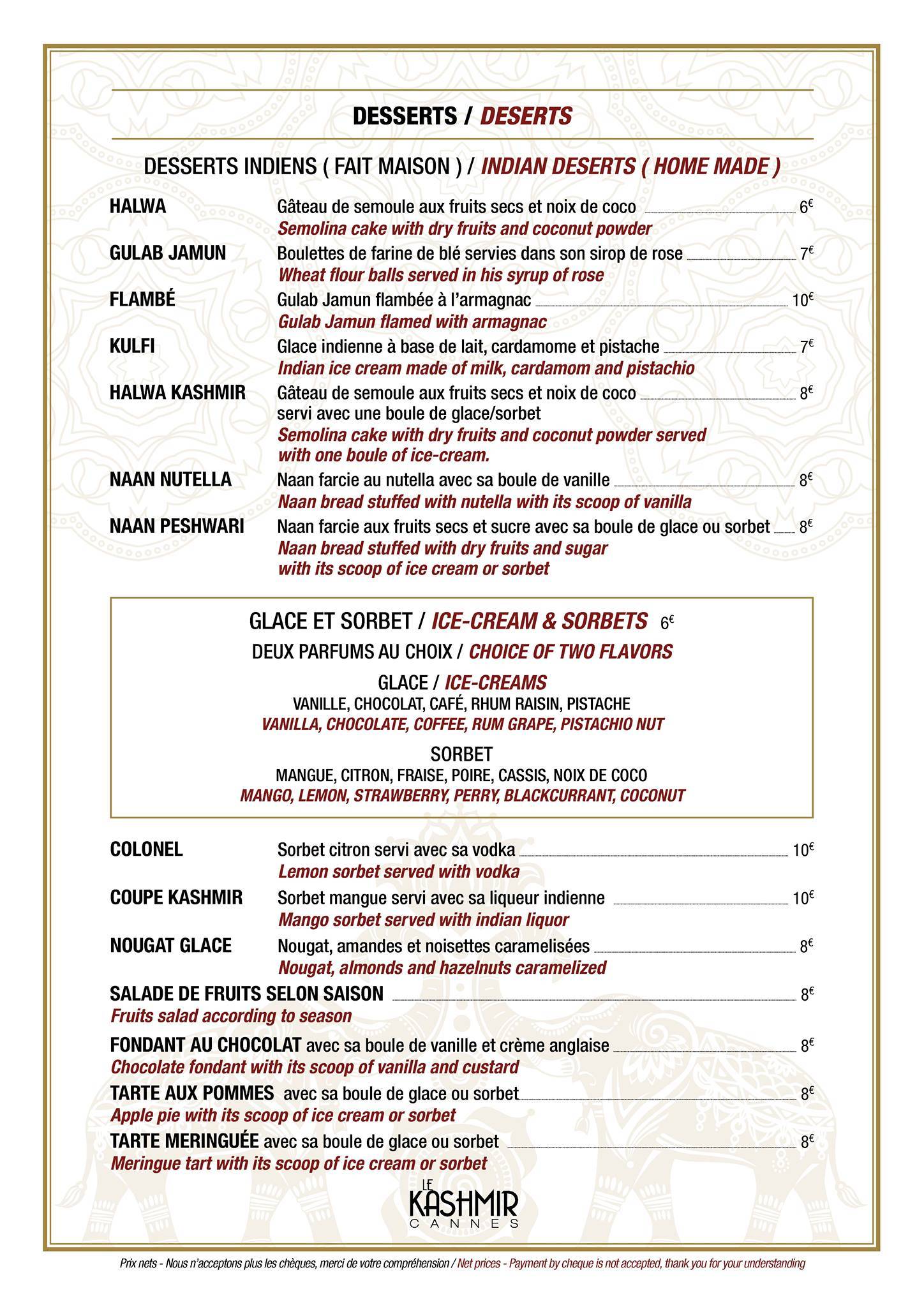 Carta de Restaurant indien le Kashmir, Cannes