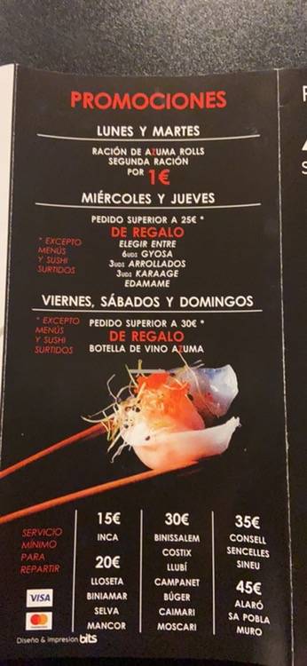 Carta de Restaurante Azuma, Inca