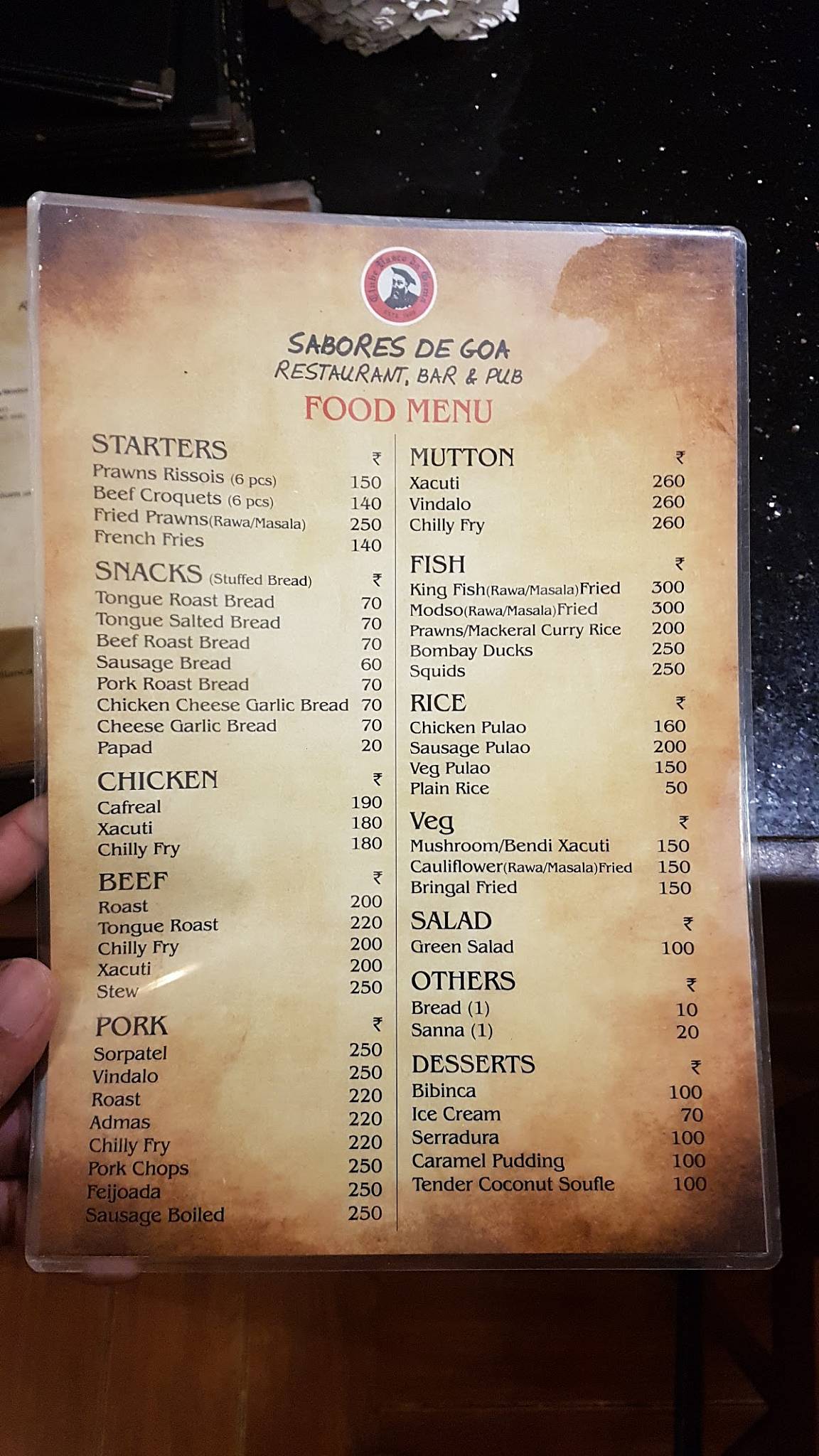 Menu at Restaurante Vasco Da Gama, Panaji