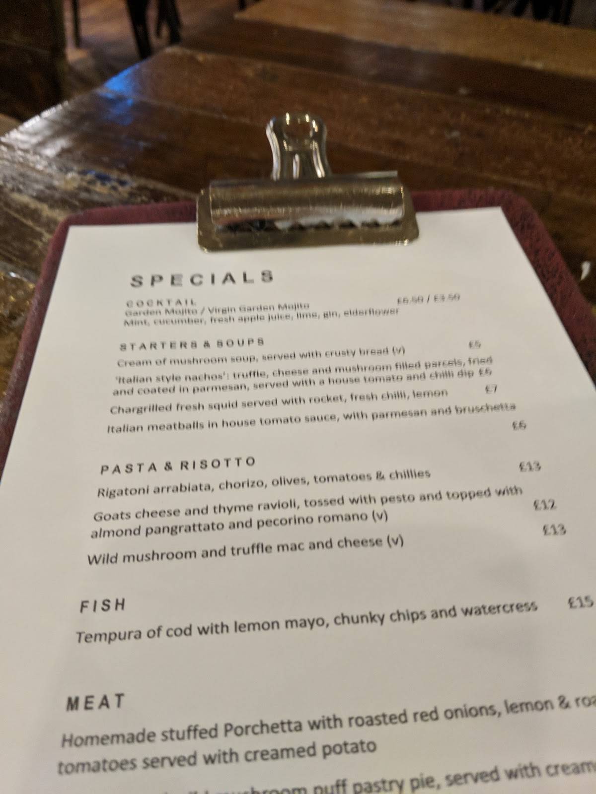 Menu at Ricci’s Place restaurant, Halifax