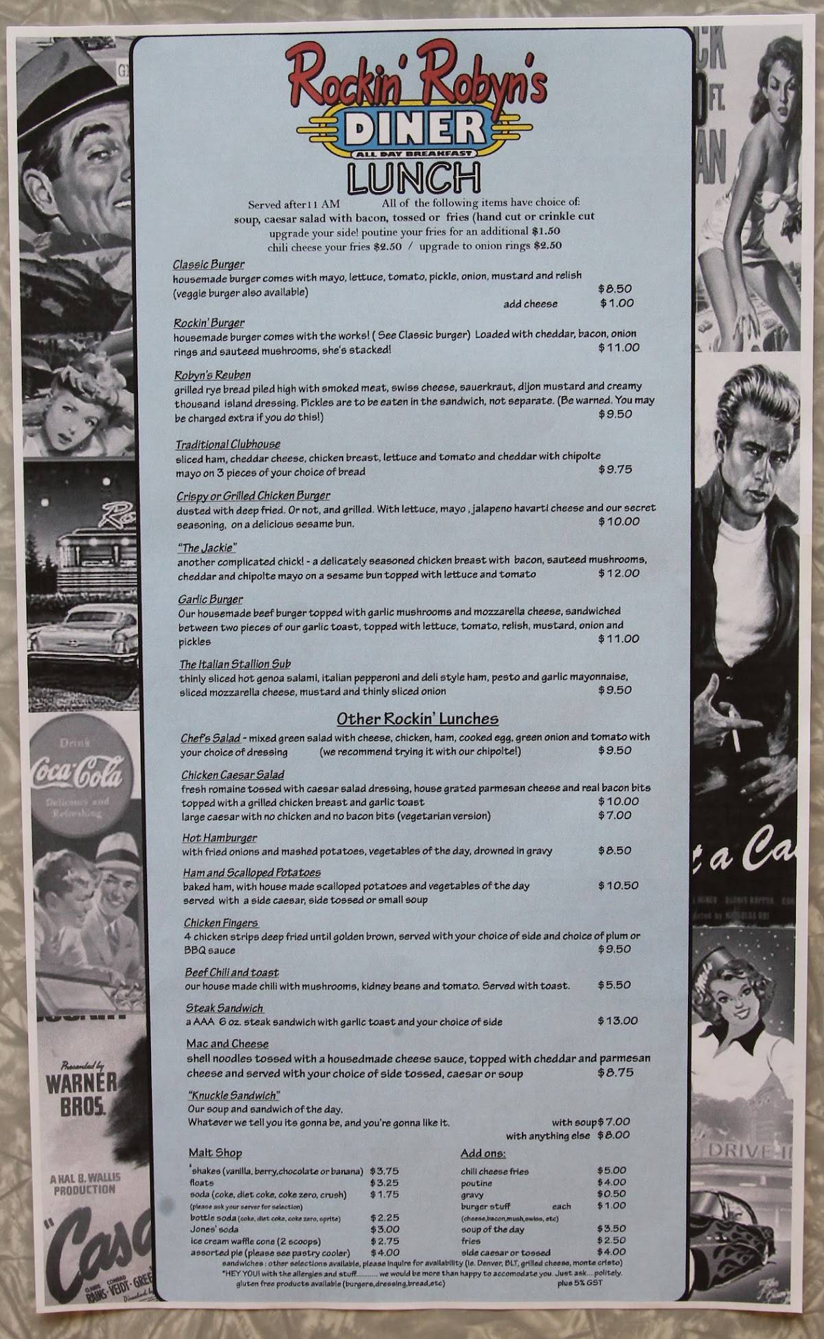 Menu at Rockin' Robyn's restaurant, Edmonton