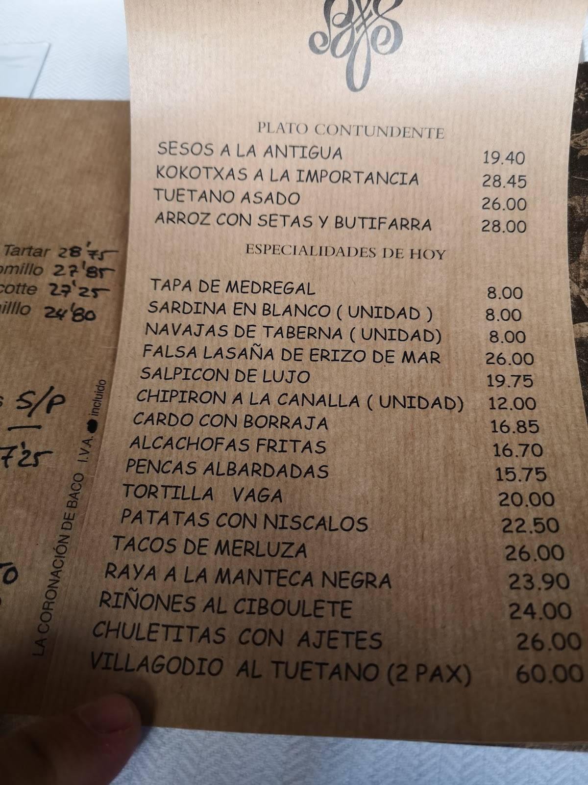 Menu at Sacha Restaurant, Madrid