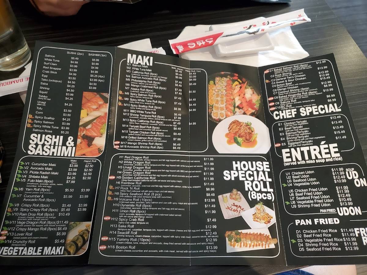 Menu at Sake Sushi restaurant, Kingsville