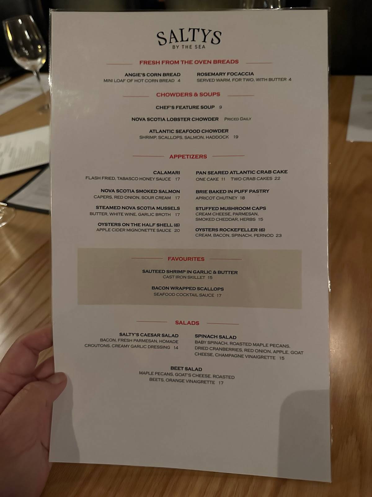 Menu at Salty's restaurant, Halifax