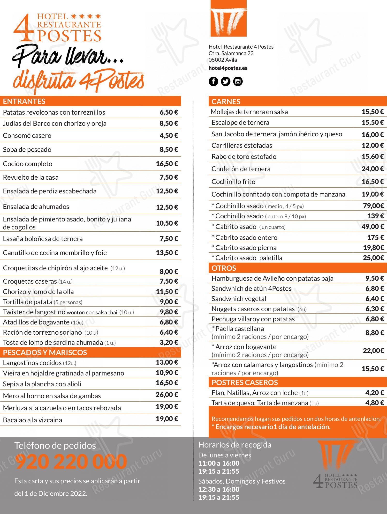 Carta del restaurante Sercotel Cuatro Postes, Ávila