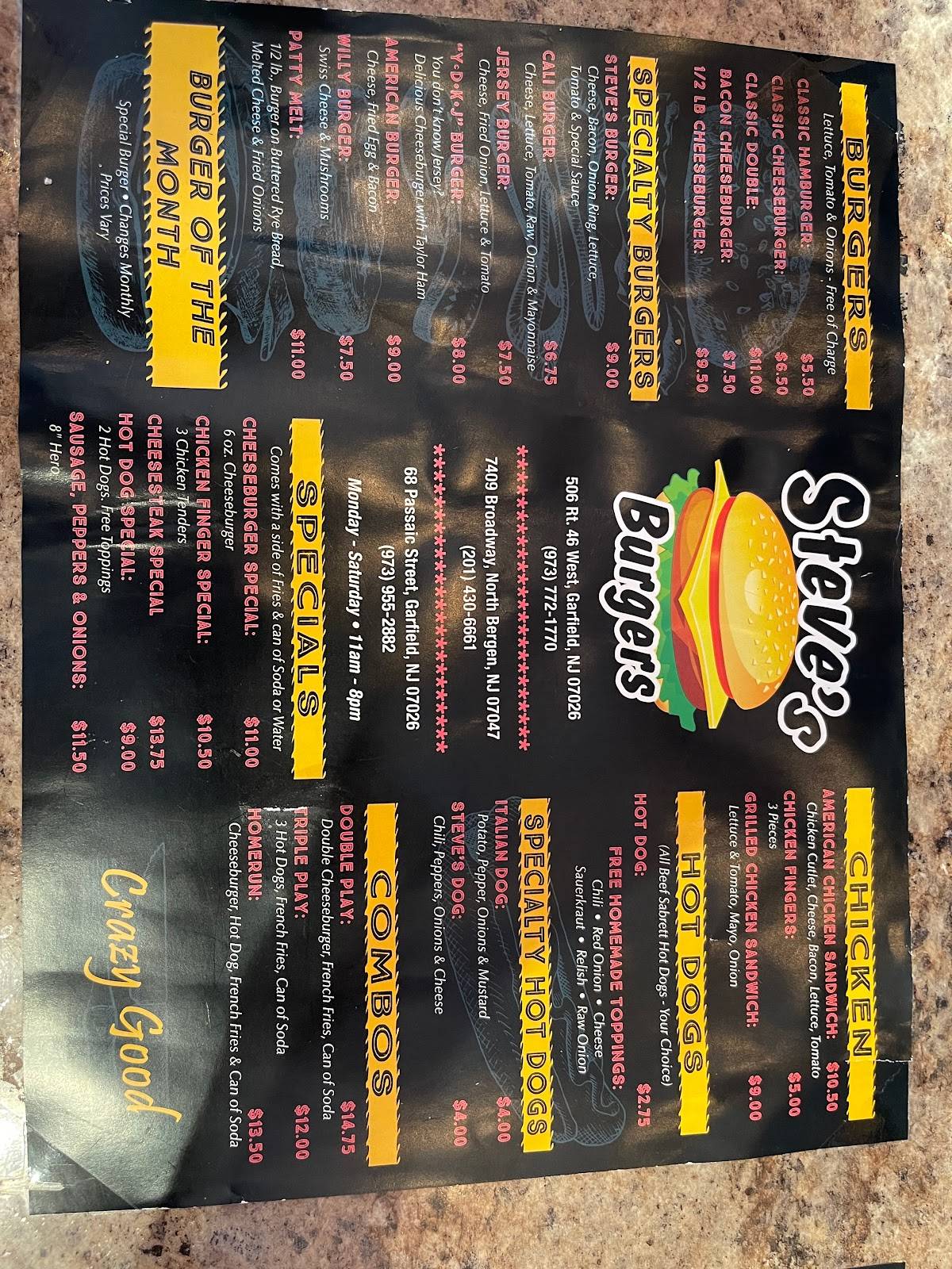Menu at Steve's Burgers restaurant, Garfield, 68 Passaic St