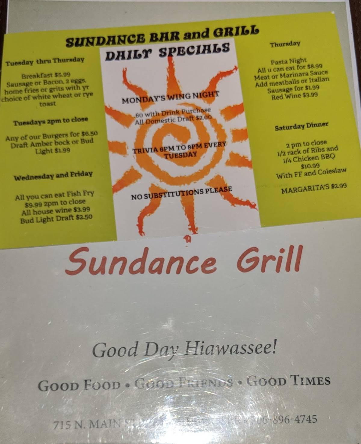 Menu at Sundance Grill restaurant, Hiawassee