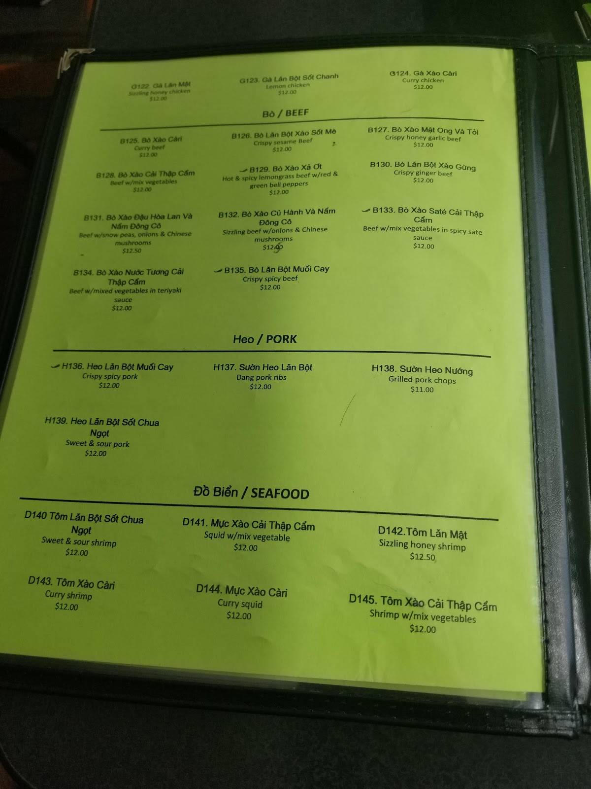 Menu at T.H. Dang Restaurant, Winnipeg