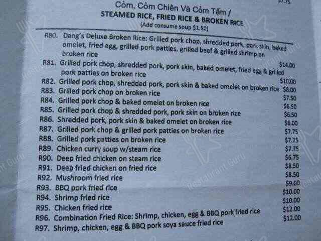Menu at T.H. Dang Restaurant, Winnipeg