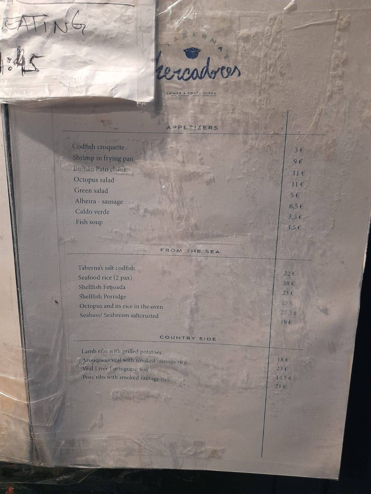 Menu at Taberna Dos Mercadores restaurant, Porto