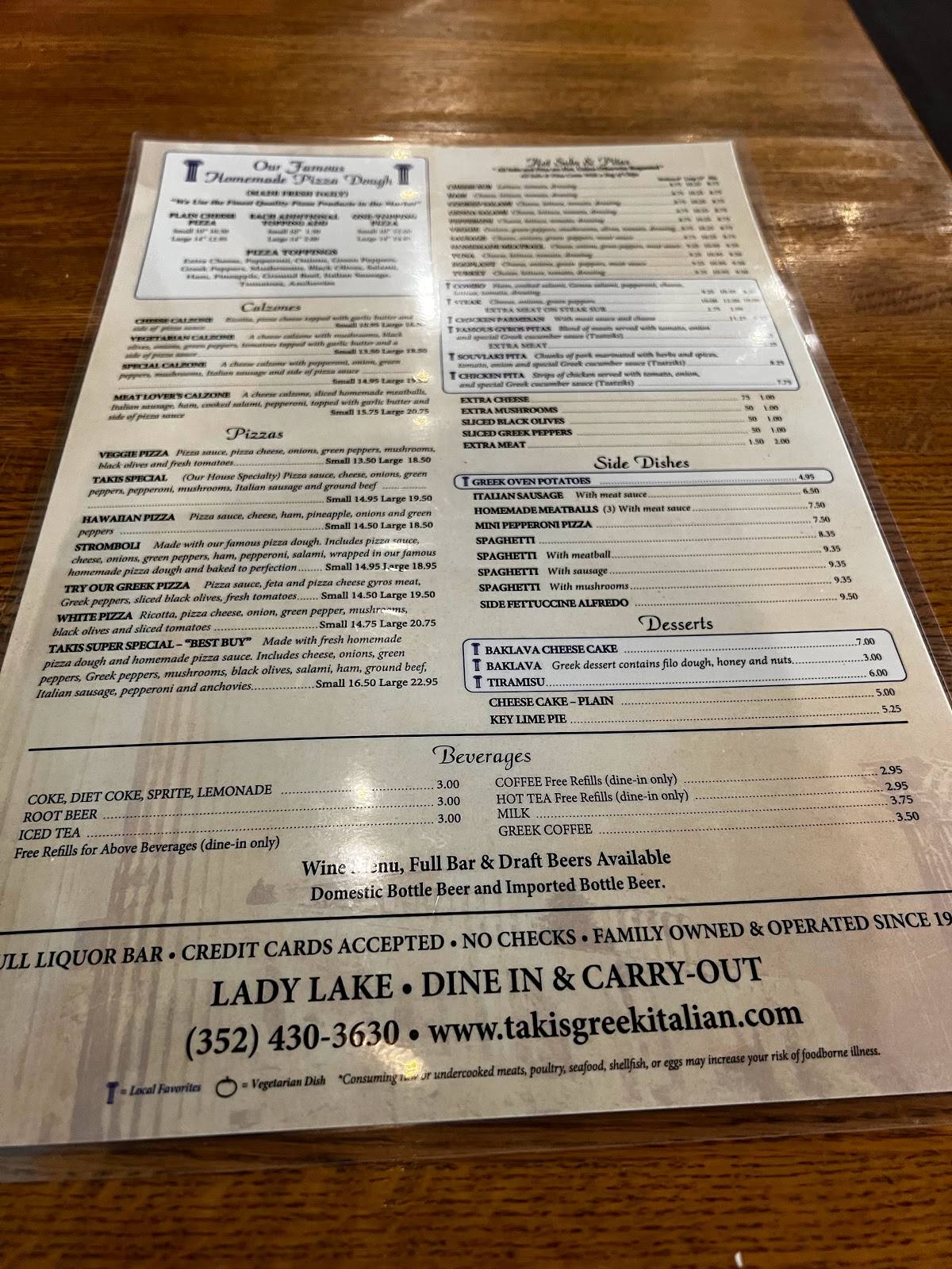 Menu at Takis Greek-Italian Restaurant, The Villages, US-441