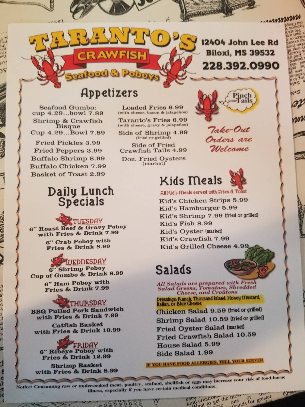 Menu at Taranto's Crawfish restaurant, Biloxi