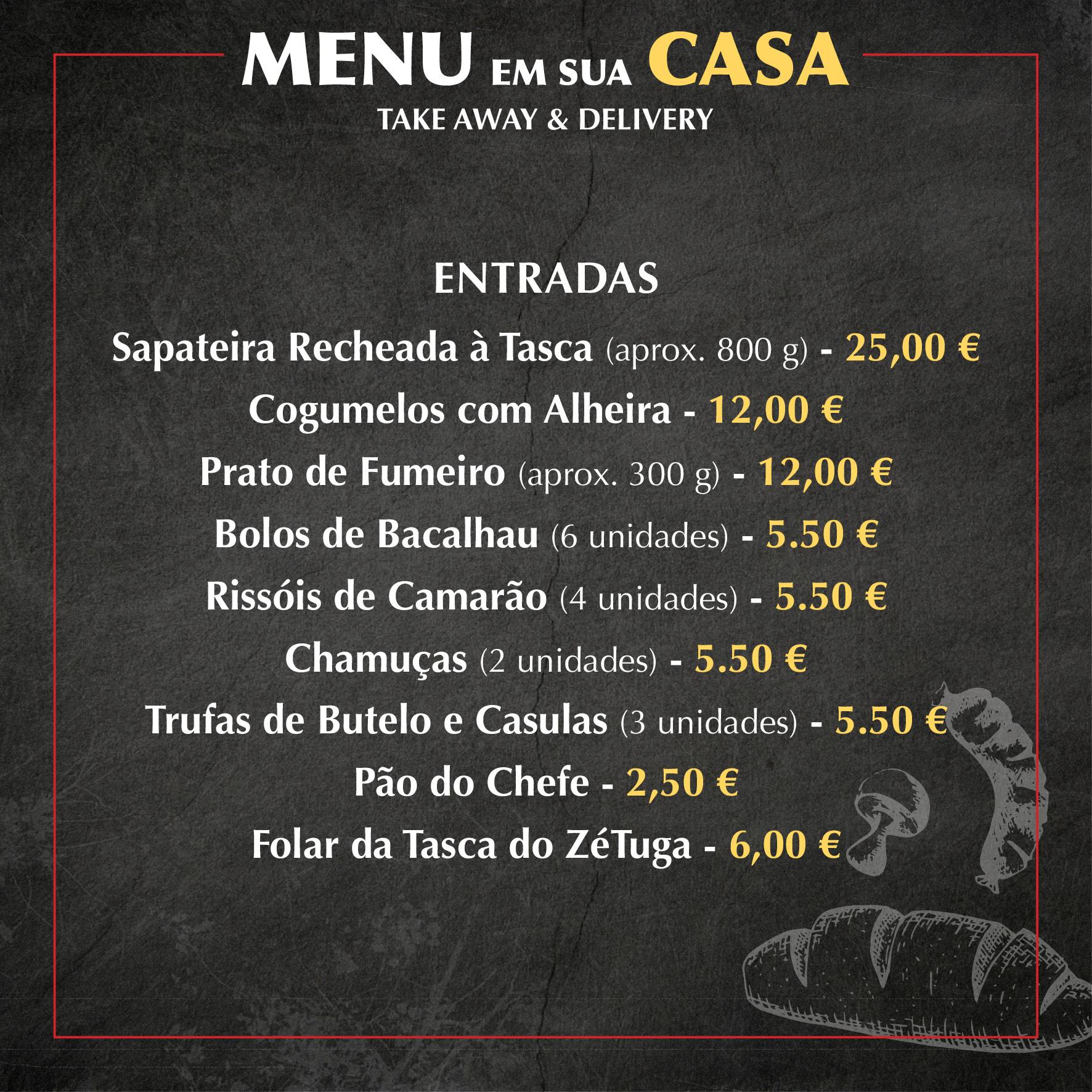 Menu at Tasca do Zé Tuga restaurant, Bragança