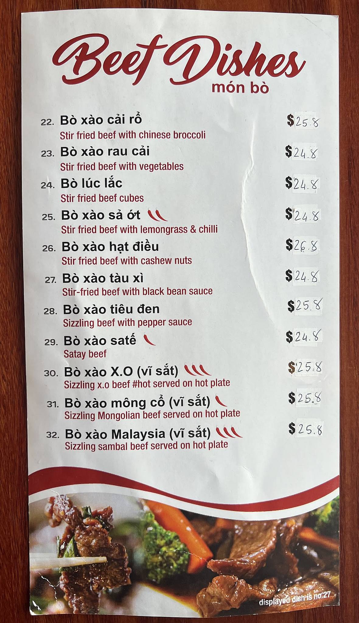 Menu at Thanh Vinh restaurant, Footscray