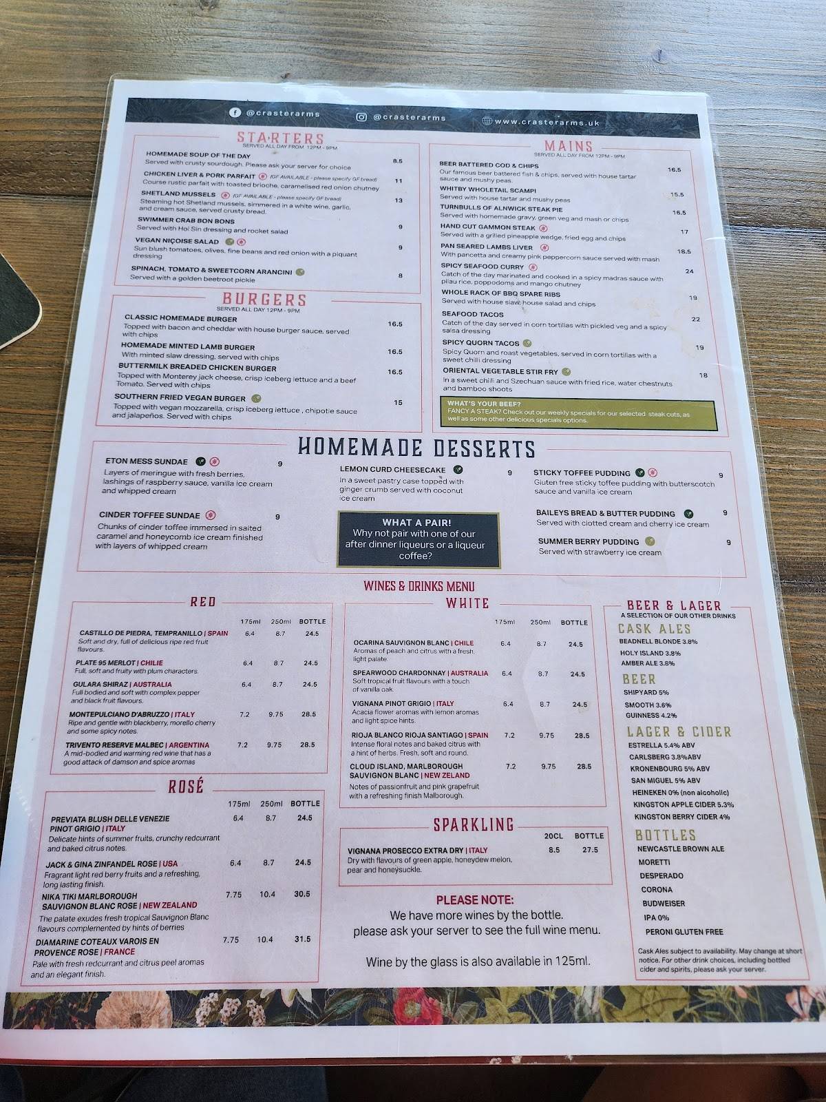 Menu at The Craster Arms restaurant, Beadnell