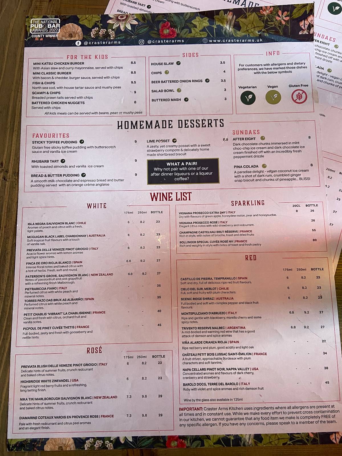 Menu at The Craster Arms restaurant, Beadnell