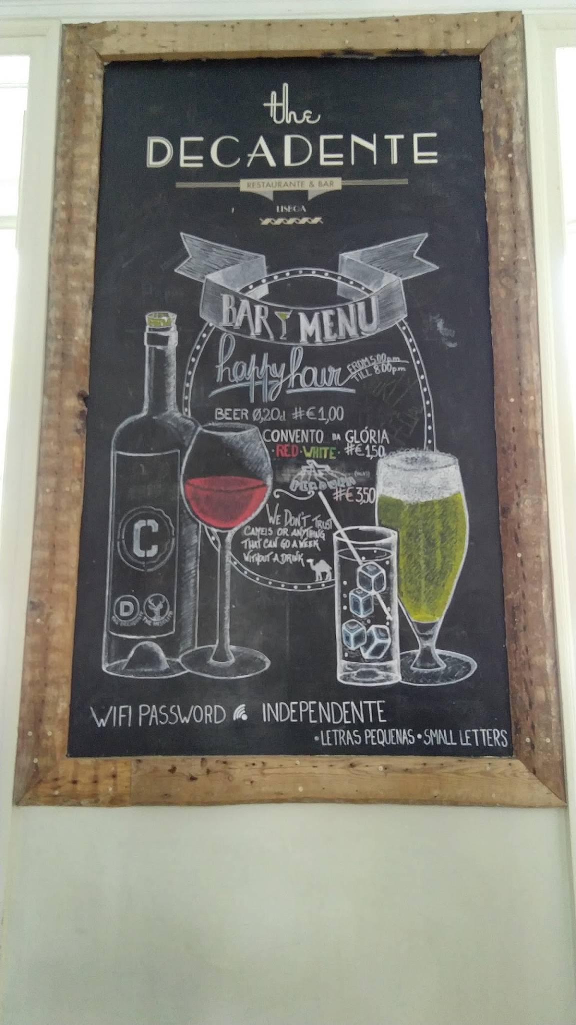 Menu at The Decadente restaurant, Lisbon