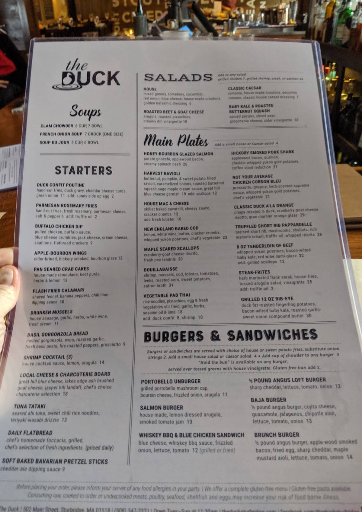 Menu at The Duck restaurant, Sturbridge