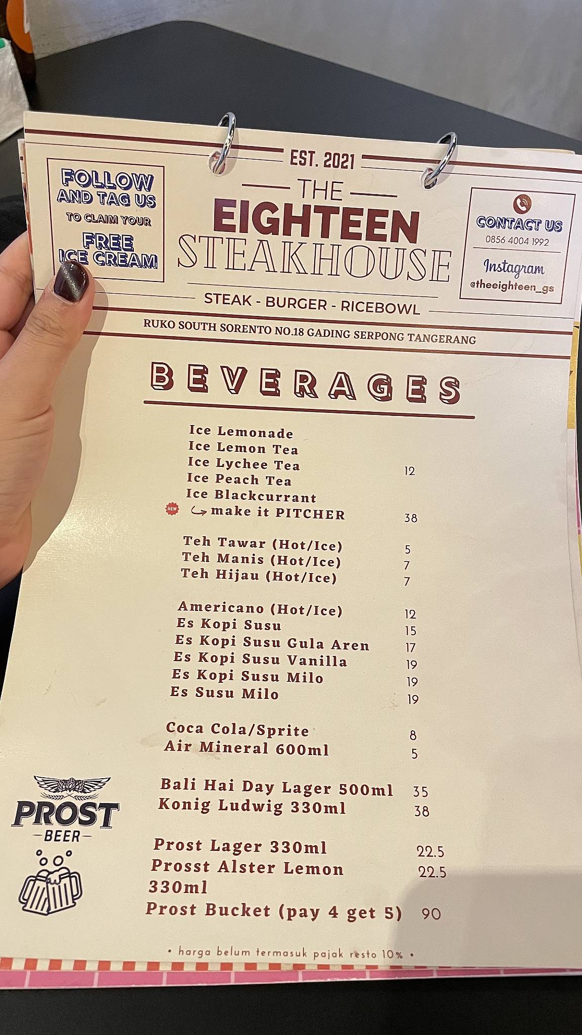 Menu at The Eighteen Steakhouse, Curug Sangereng