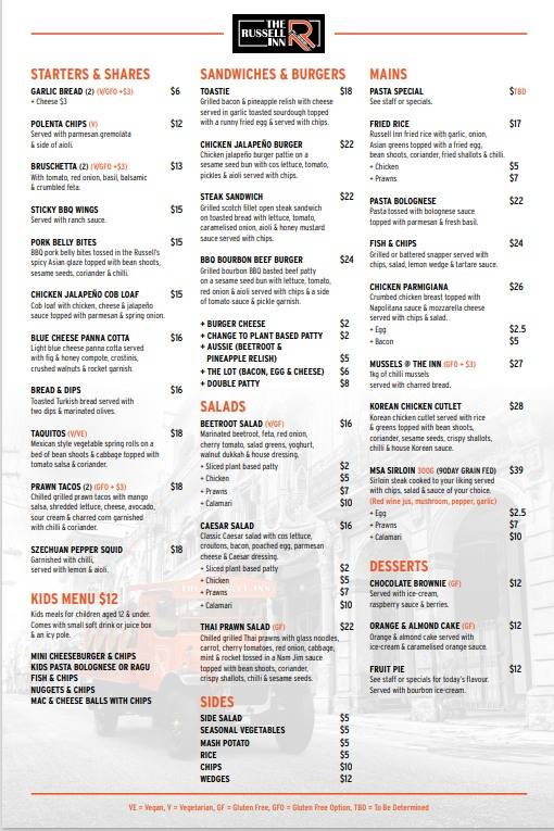 Menu at The Russell Inn Bar & Resturant, Morley