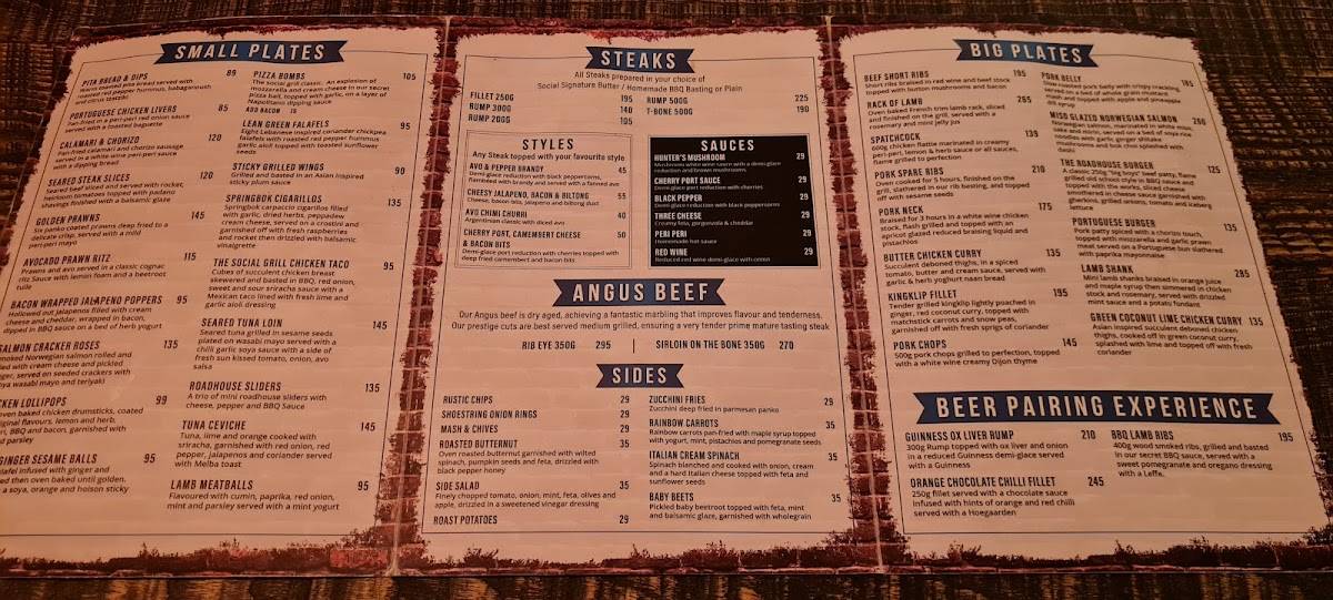 Menu at The Social Grill restaurant, Pretoria, 5 Boendoe Ave