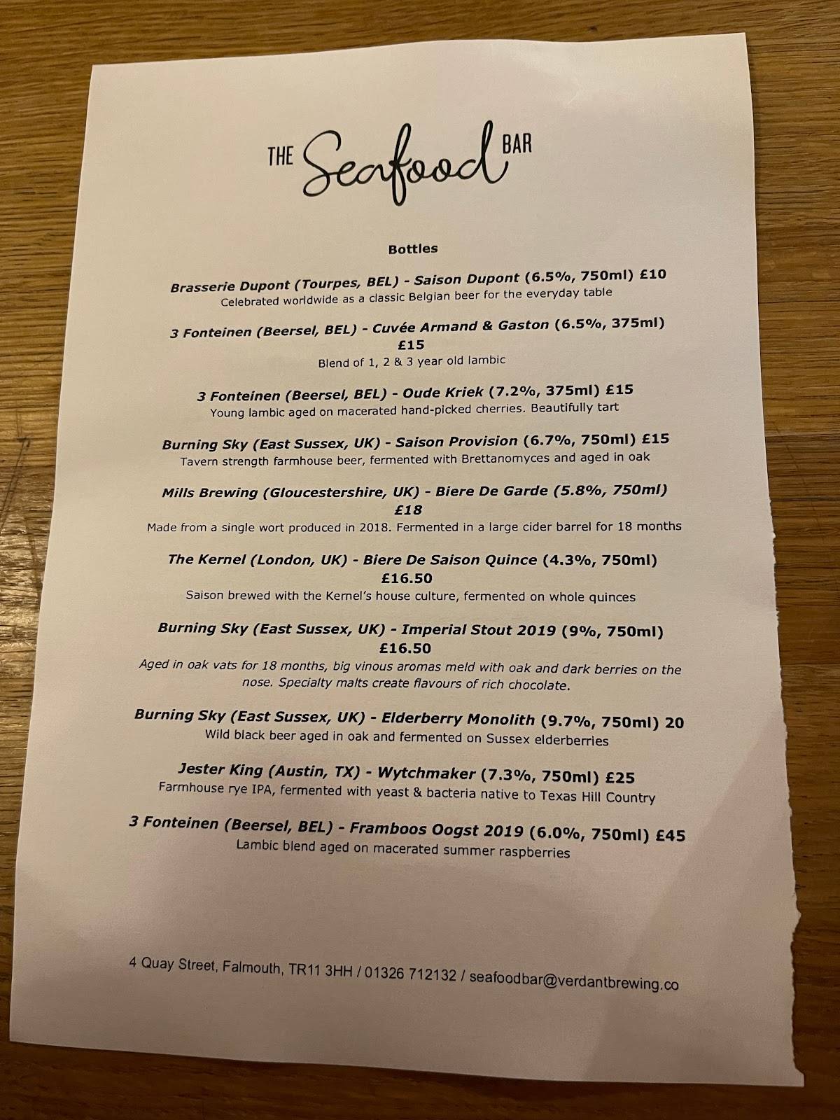 Menu at The Verdant Seafood Bar, Falmouth