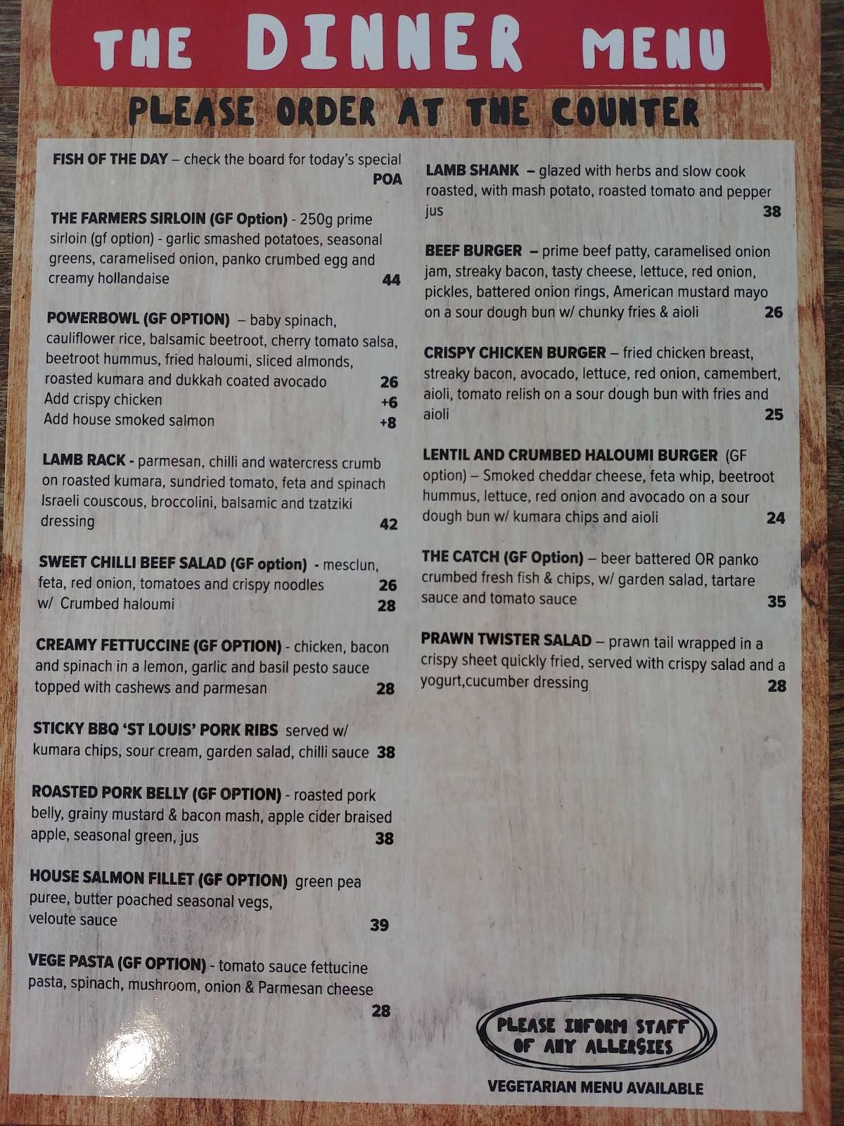 Menu at The Wooden Farmer restaurant, Putaruru