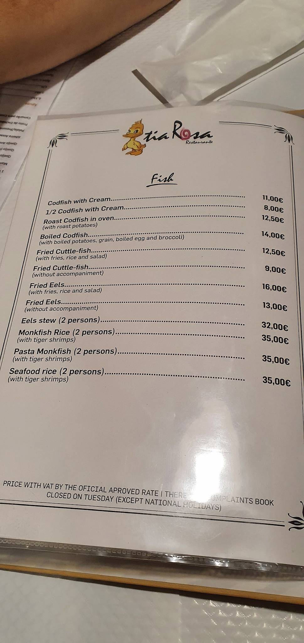 Menu at Tia Rosa restaurant, Melides, Fontainhas do mar