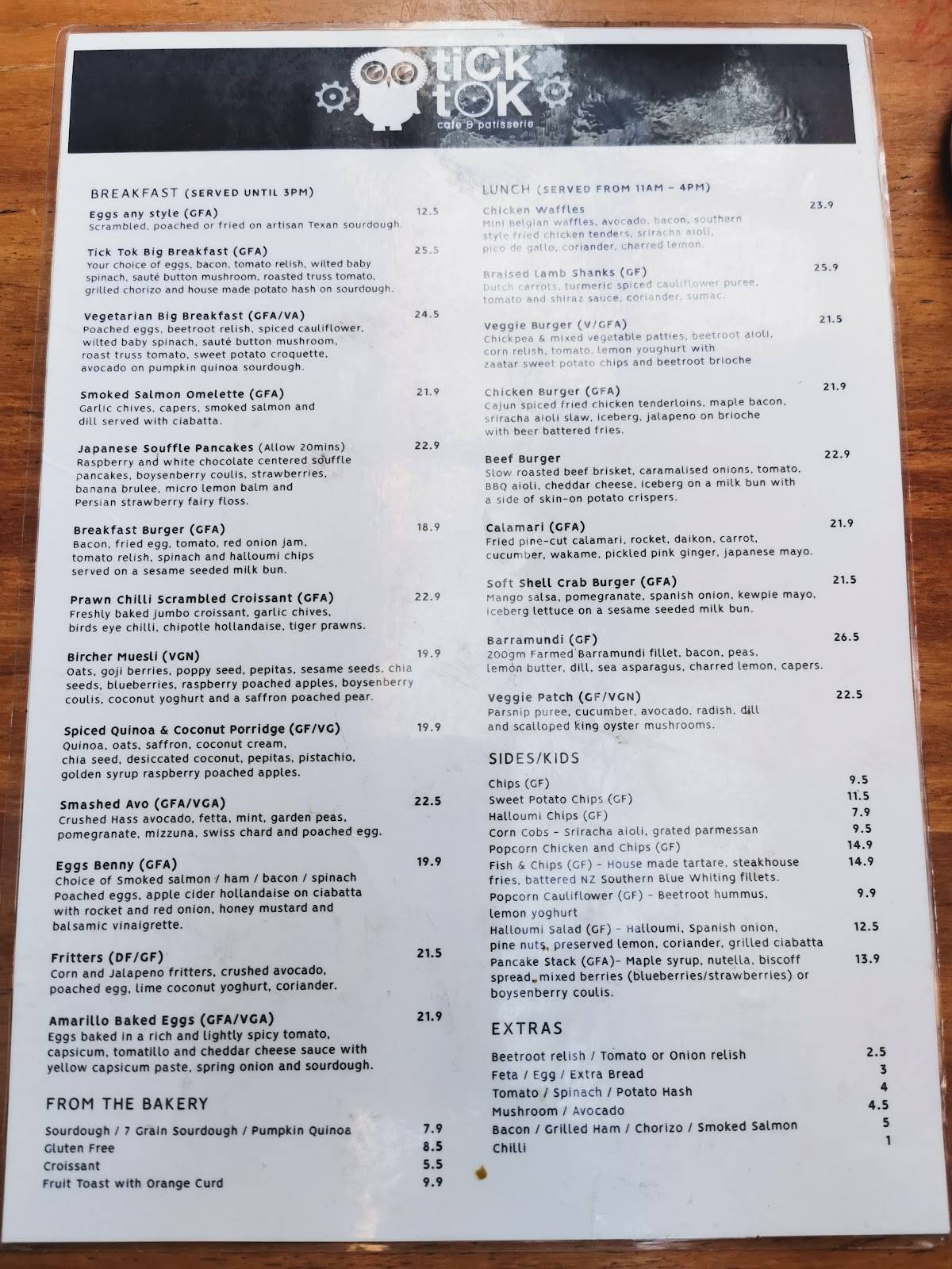 Menu at Tick Tok restaurant, Williamstown
