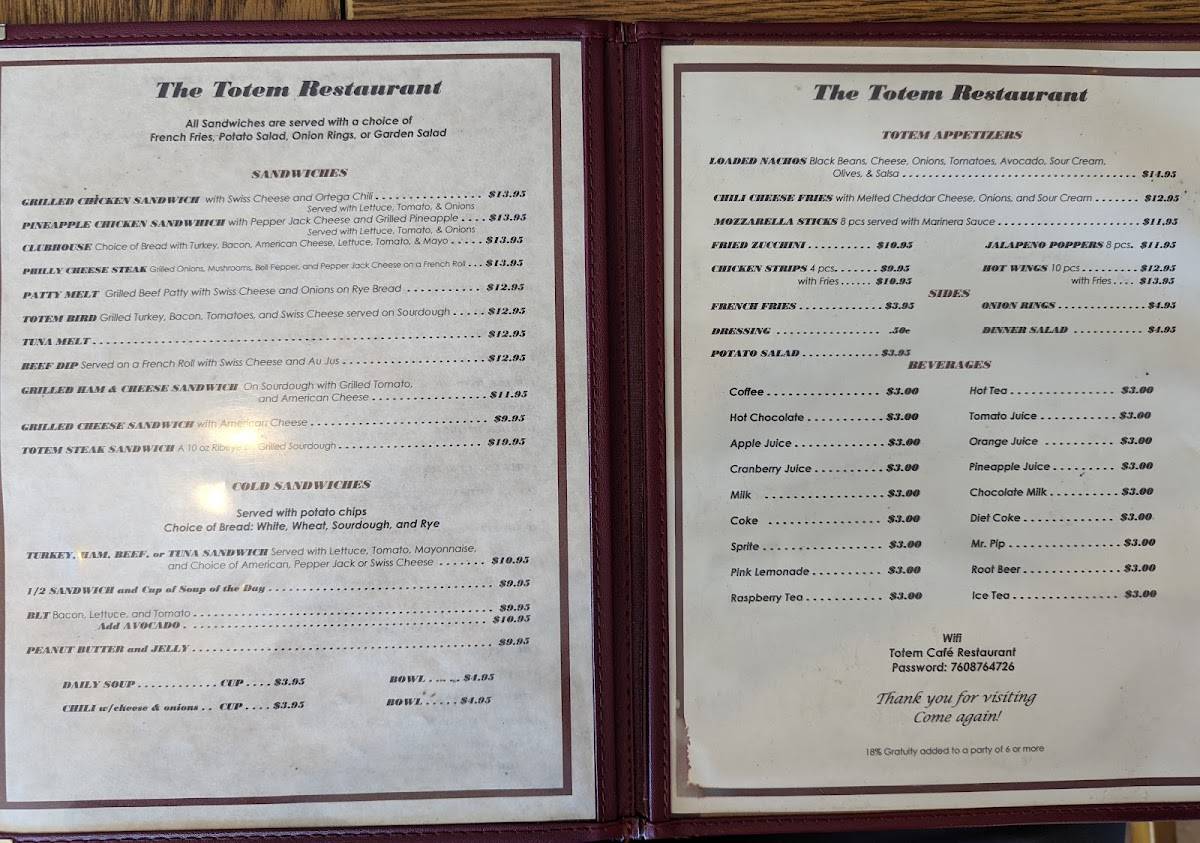 Menu at Totem Cafe, Lone Pine