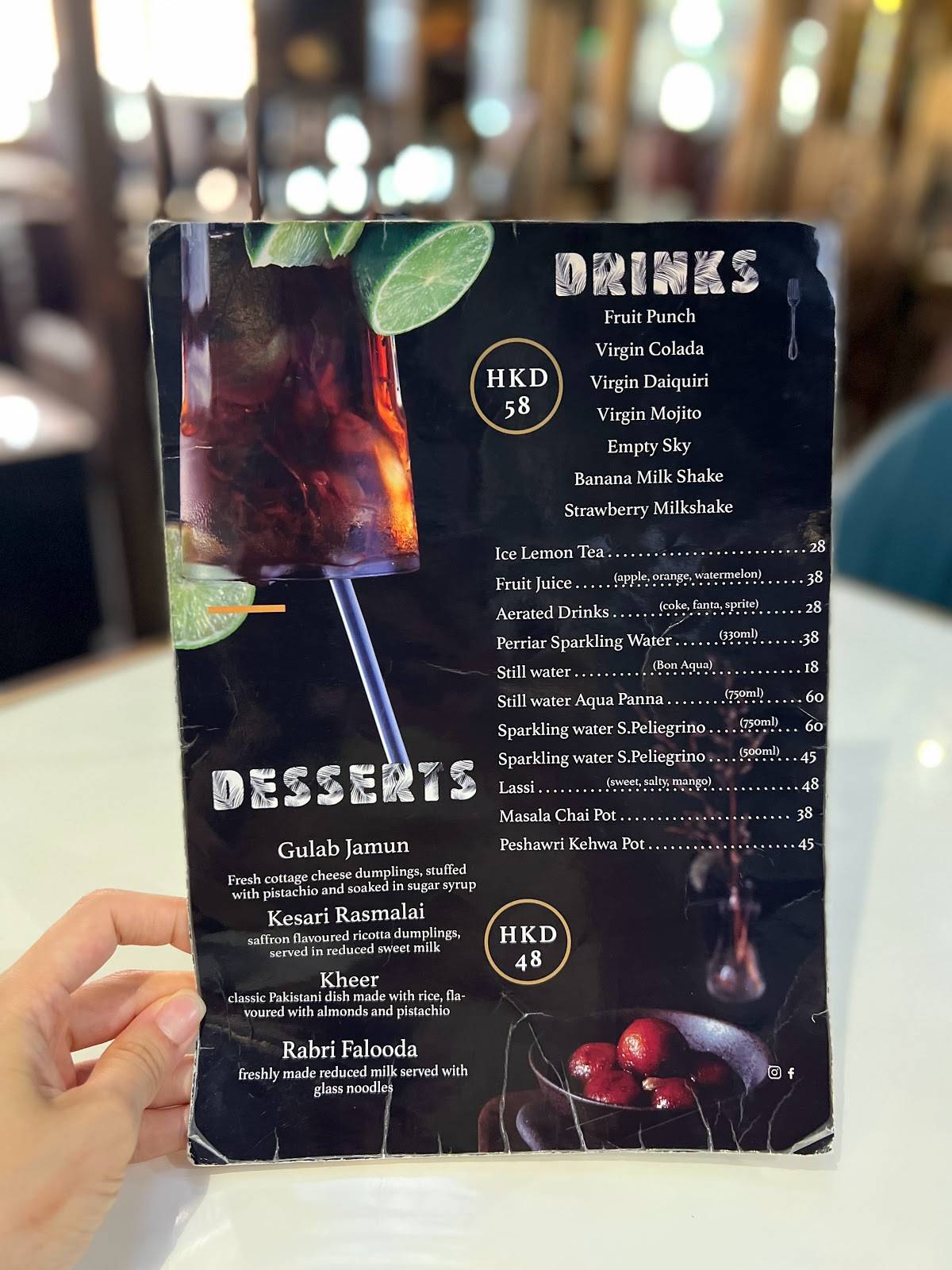 Menu at Tribes restaurant, Hong Kong