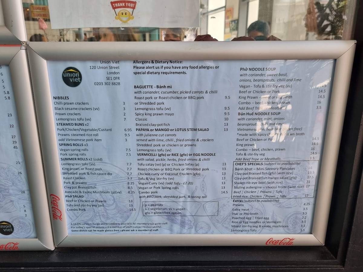 Menu at Union Viet Café restaurant, London