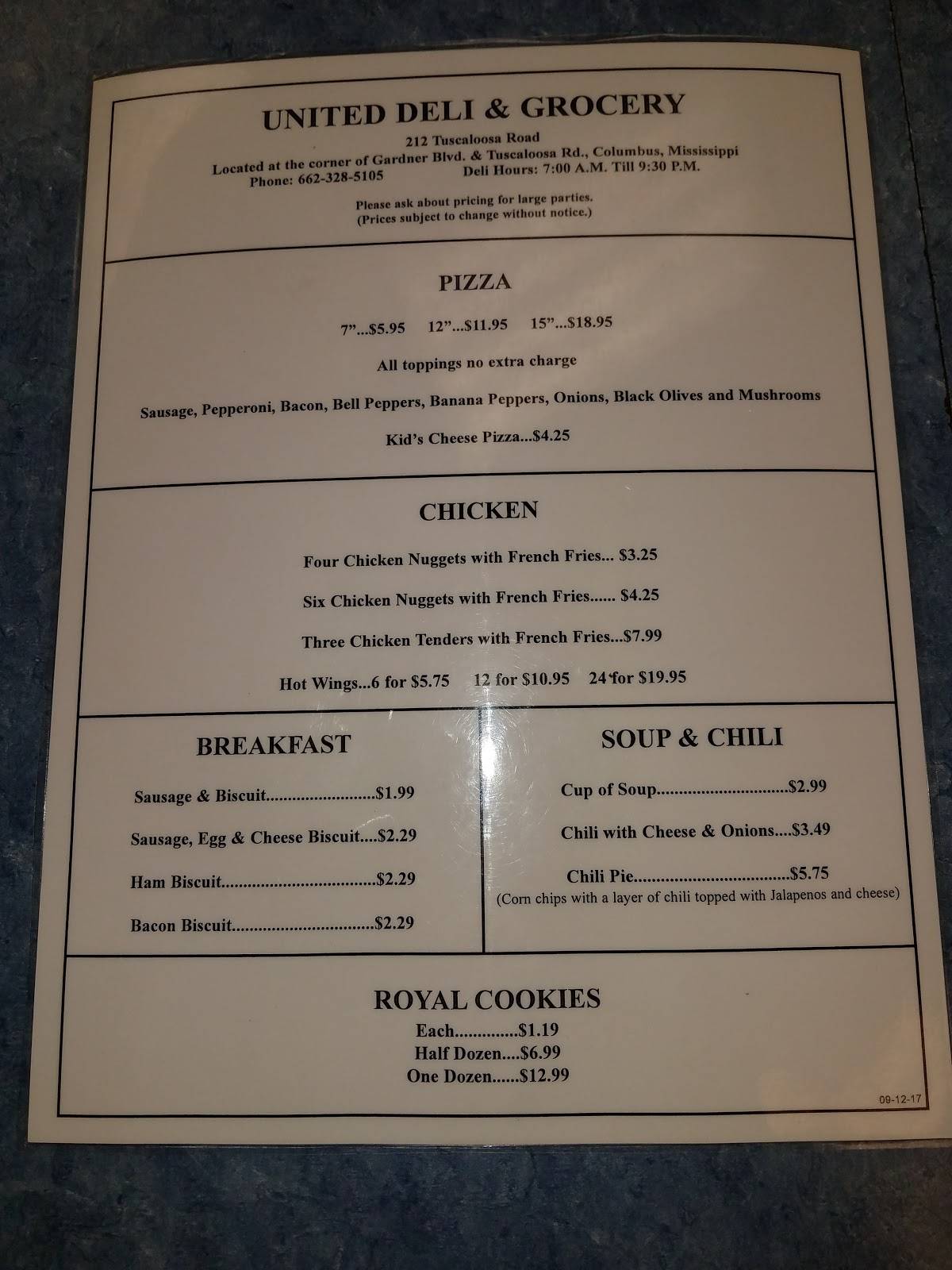 Menu at United Deli & Grocery restaurant, Columbus