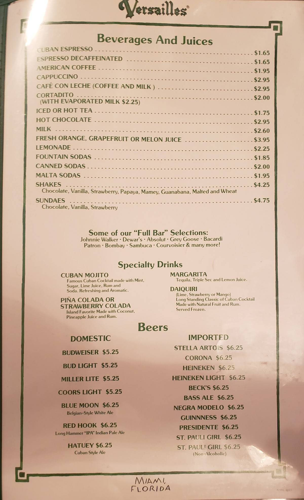 Menu at Versailles Restaurant Cuban Cuisine, Miami, SW 8th St