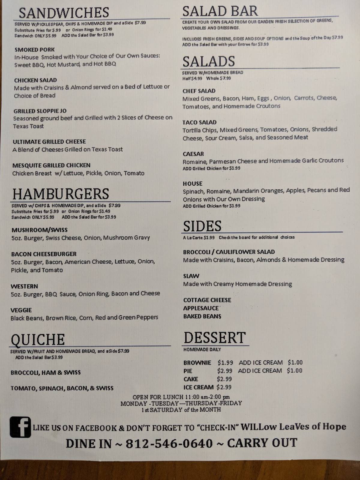Menu at WILLow LeaVes of Hope restaurant, Hope