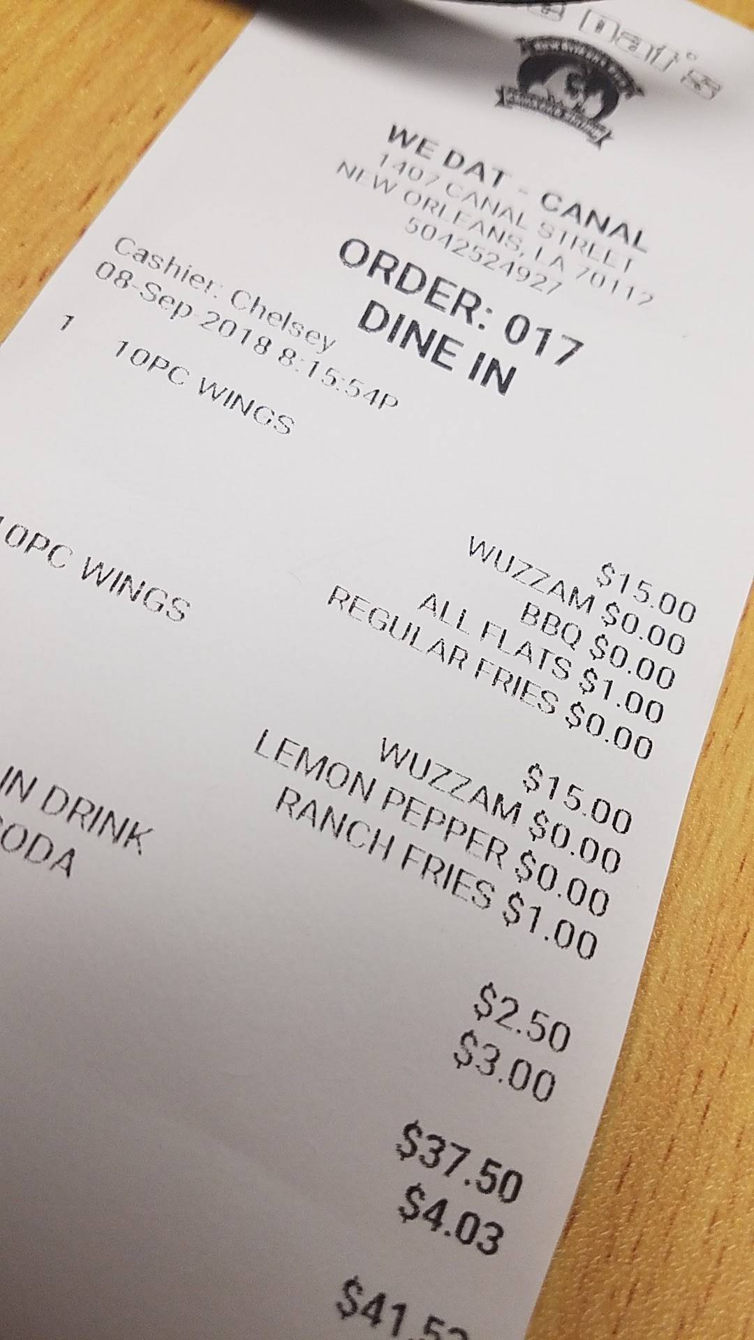 Menu at We Dat's restaurant, New Orleans, Canal St
