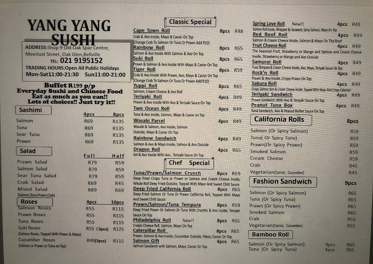 Menu at Yang Yang Chinese Restaurant & Sushi Bar, Cape Town