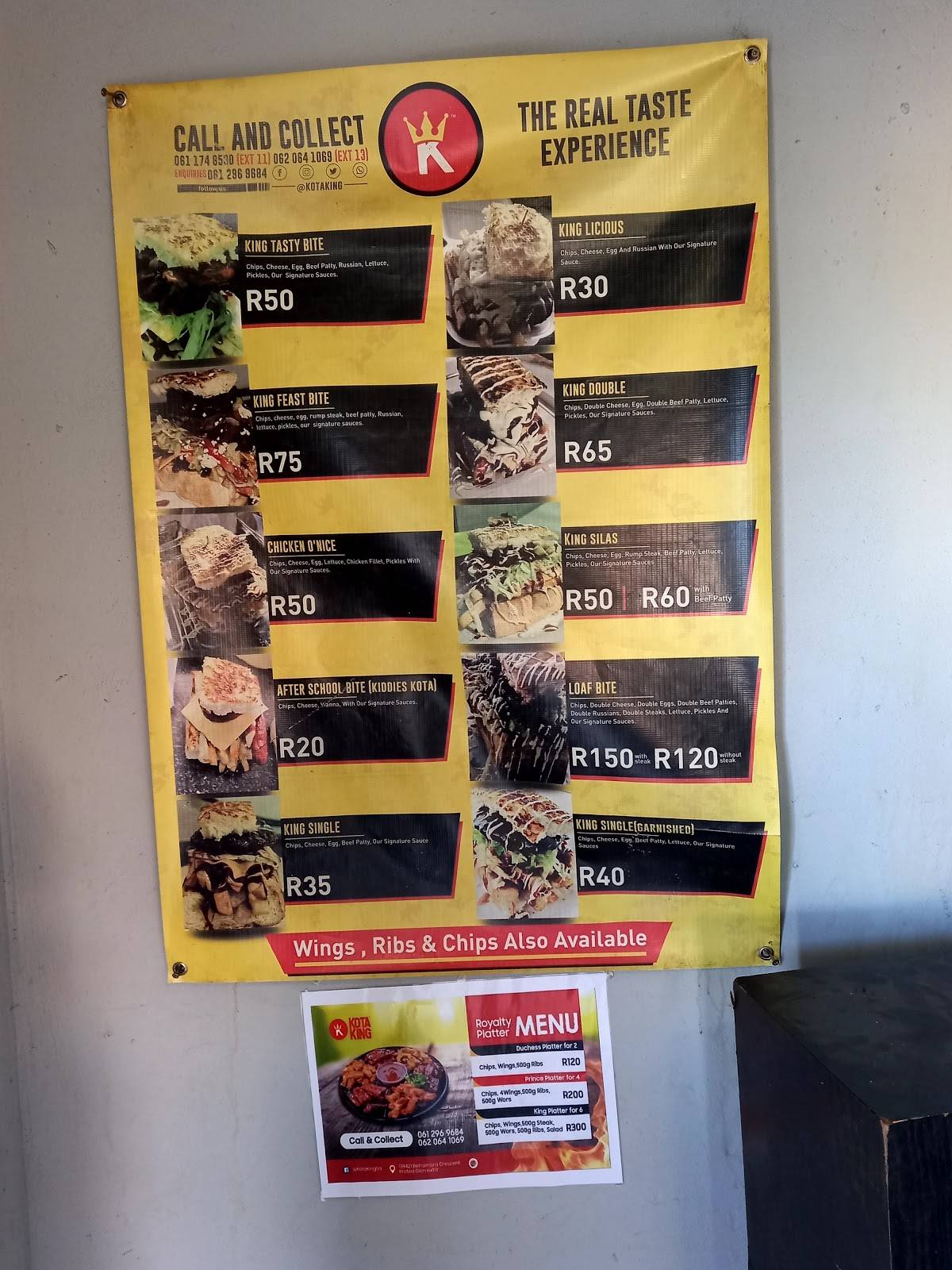 Menu at kota king restaurant, Soweto, Protea Blvd