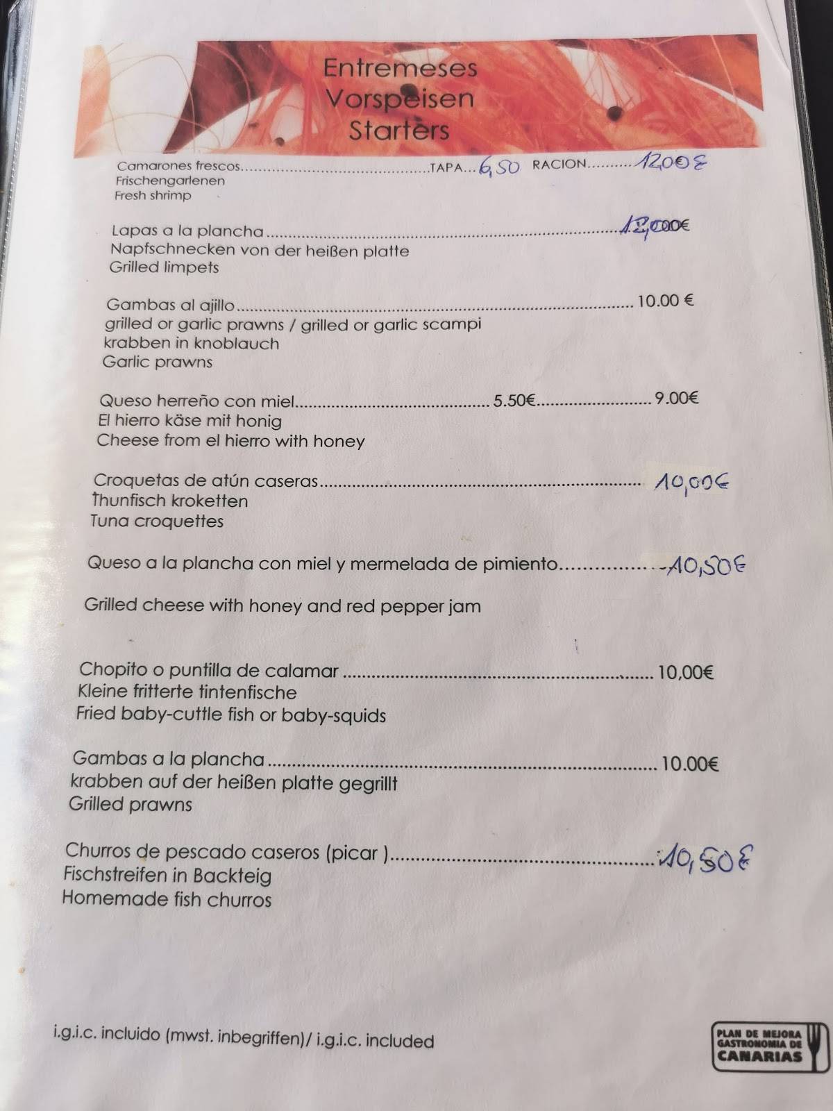Carta de Restaurante El Refugio, La Restinga