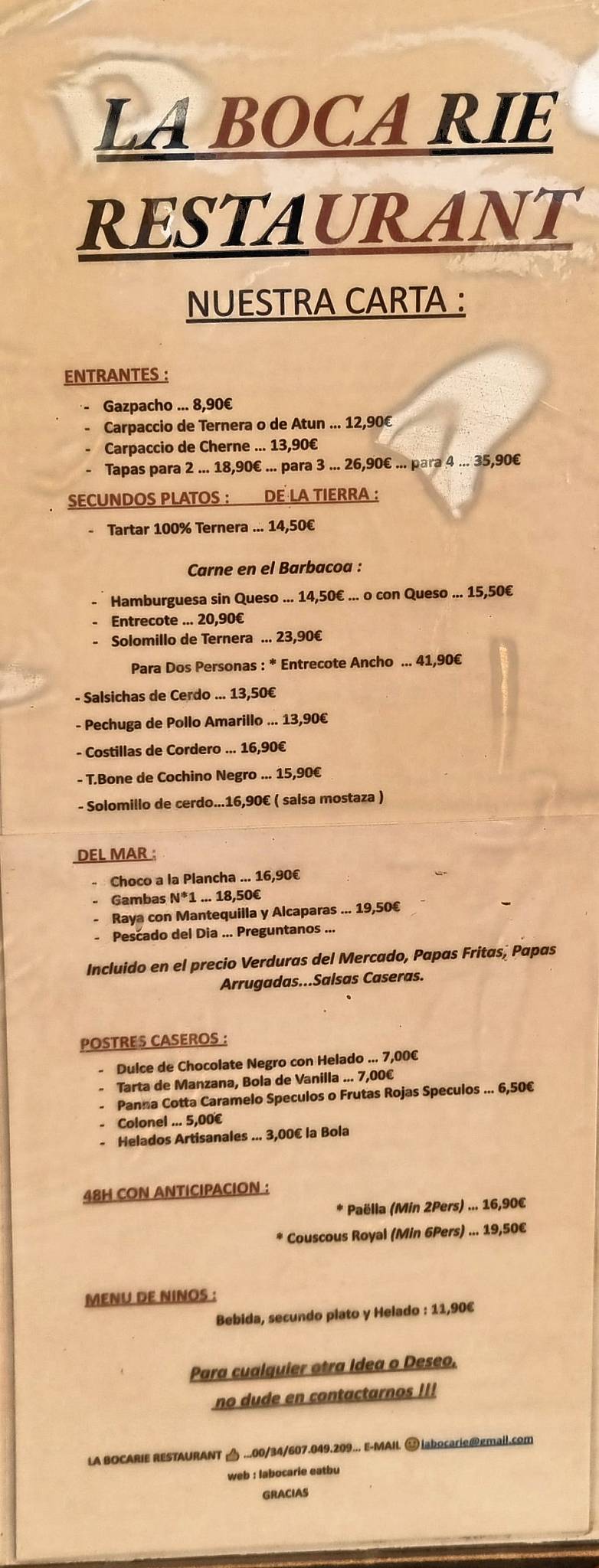 Menu at Restaurante La Boca Rie, Playa San Juan