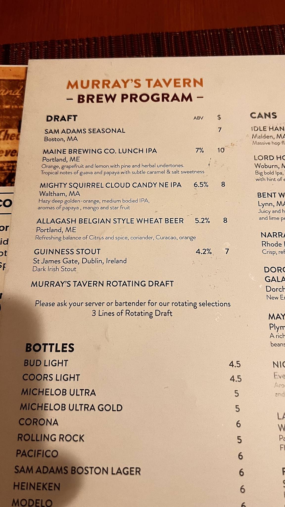 Menu at Murray's Tavern pub & bar, Revere
