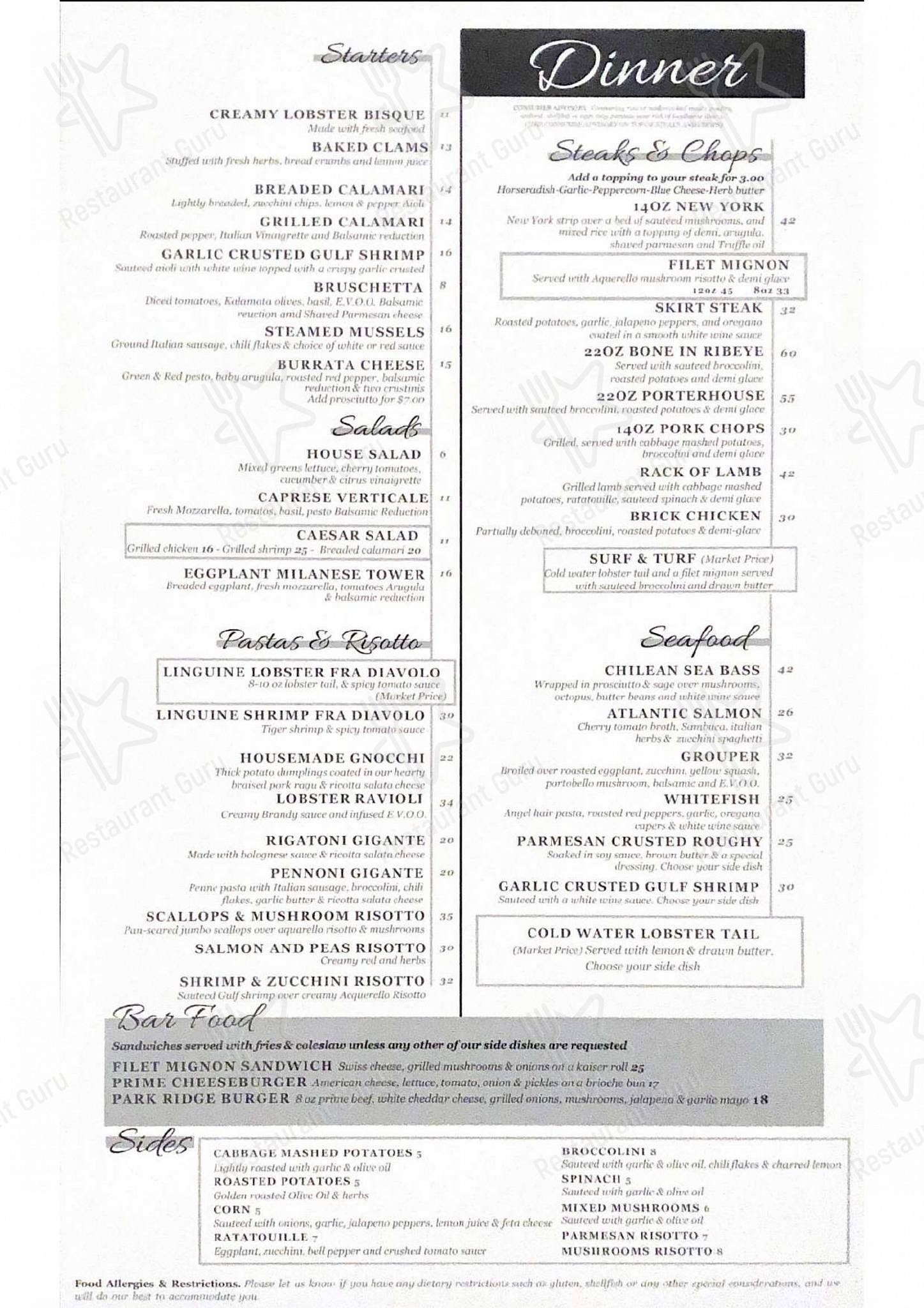 Menu at Reyes Steak House steakhouse, Park Ridge