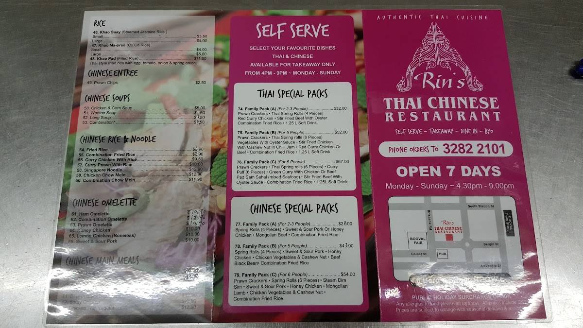 Menu at Rin's Thai Chinese Restaurant, Booval