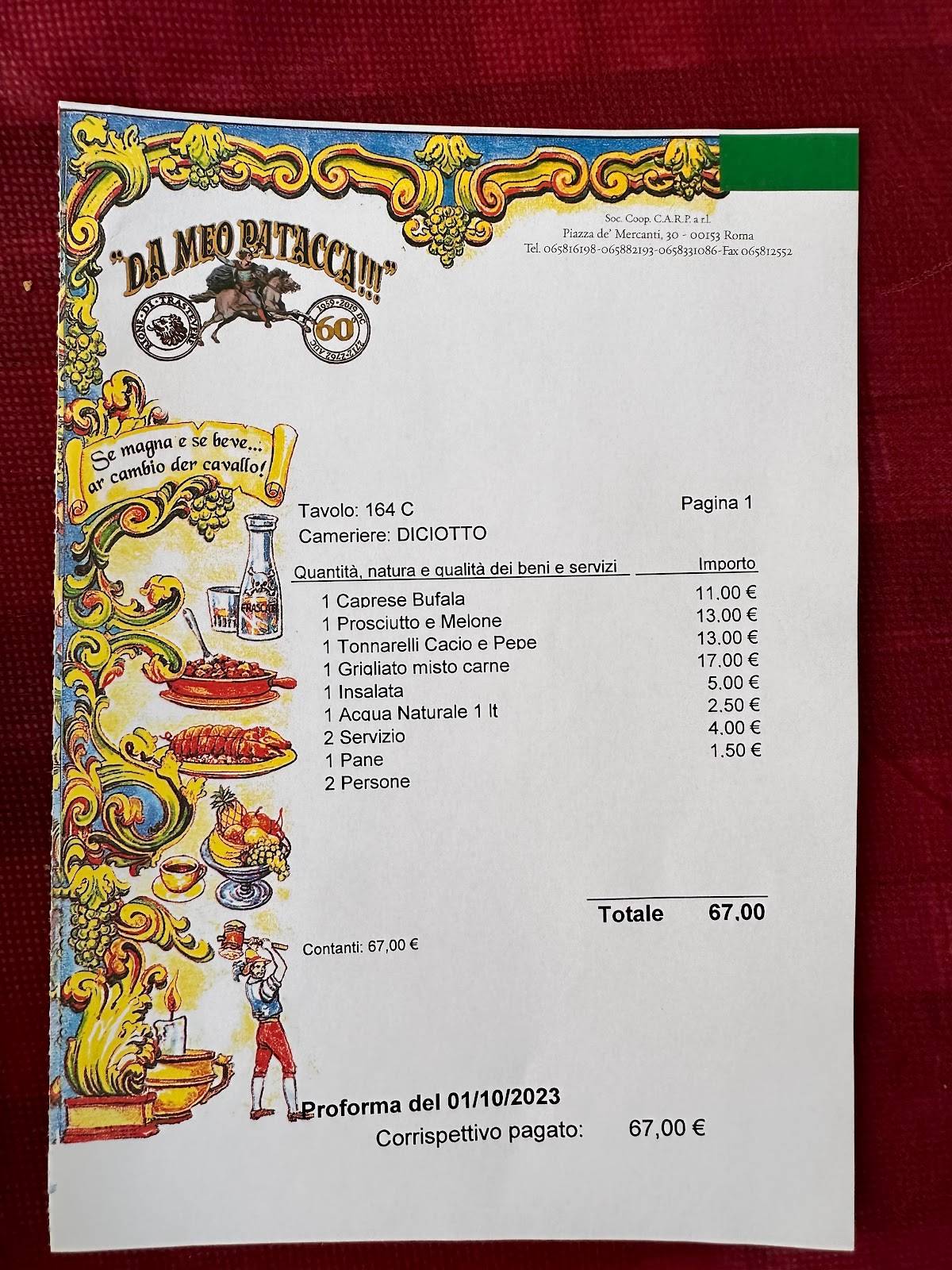 Menu at Ristorante Da Meo Patacca, Rome