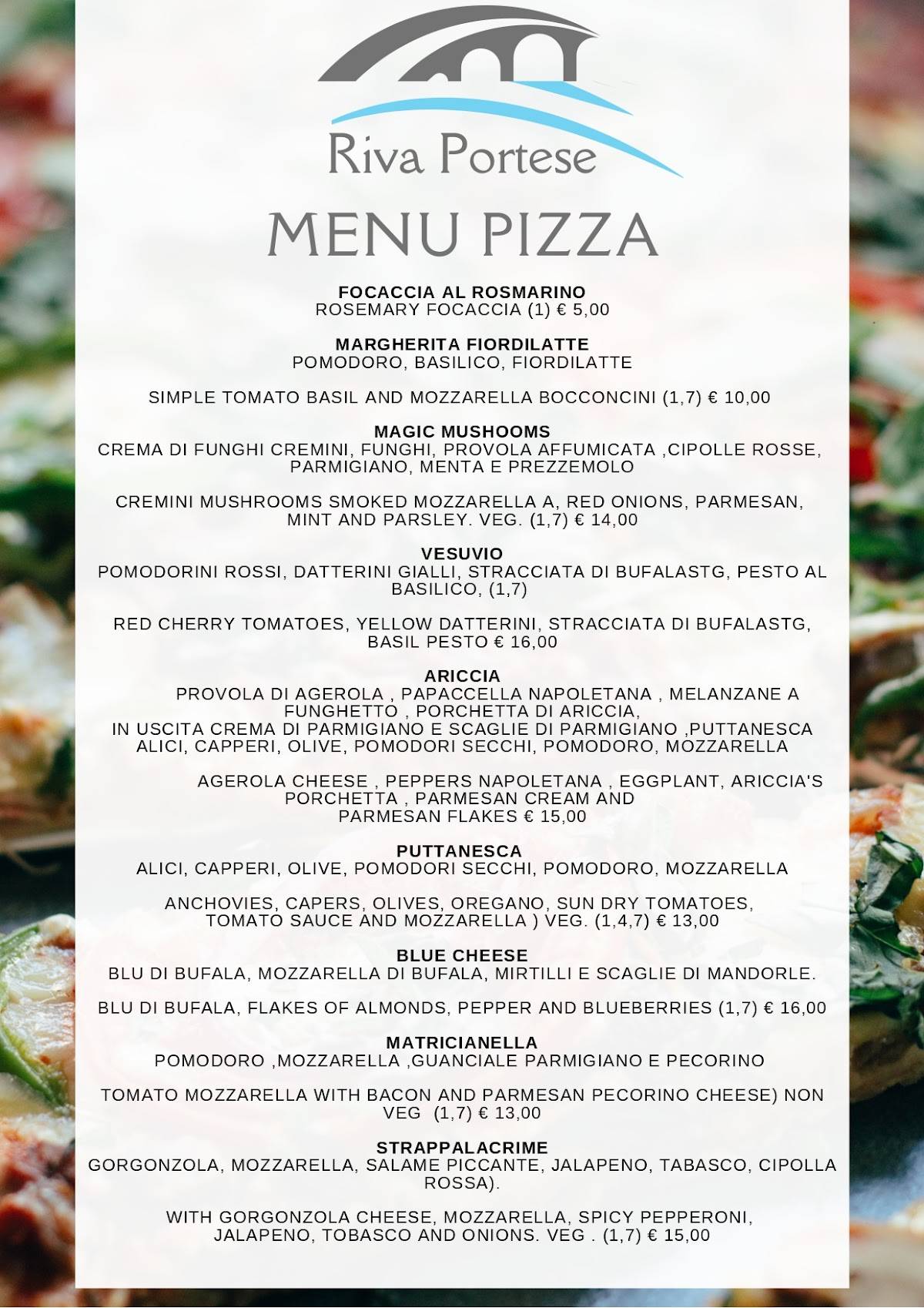 Menu au Riva Portese restaurant, Rome