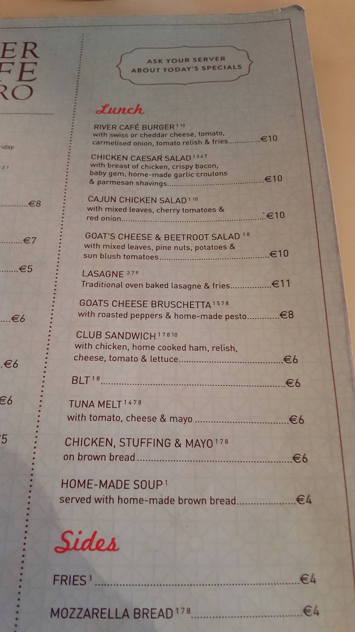 Menu at River Cafe Lucan, Lucan, 11 &12