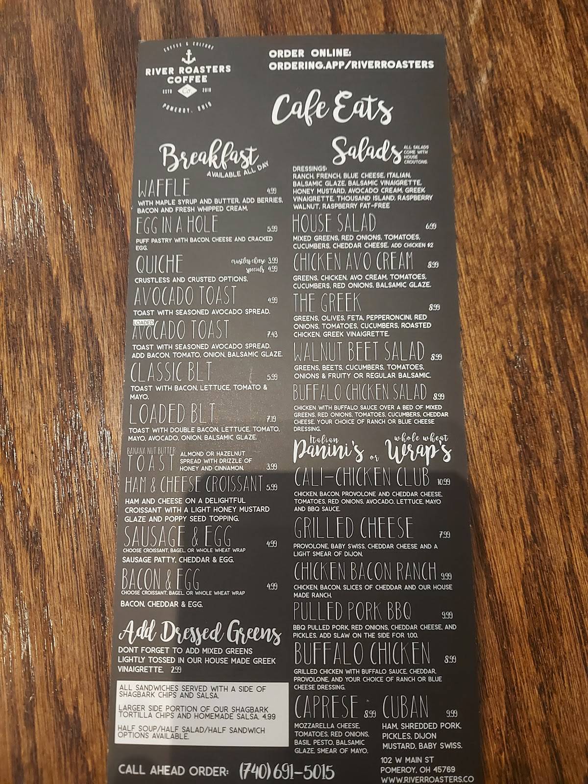 Menu at River Roasters Coffee Company cafe, Pomeroy